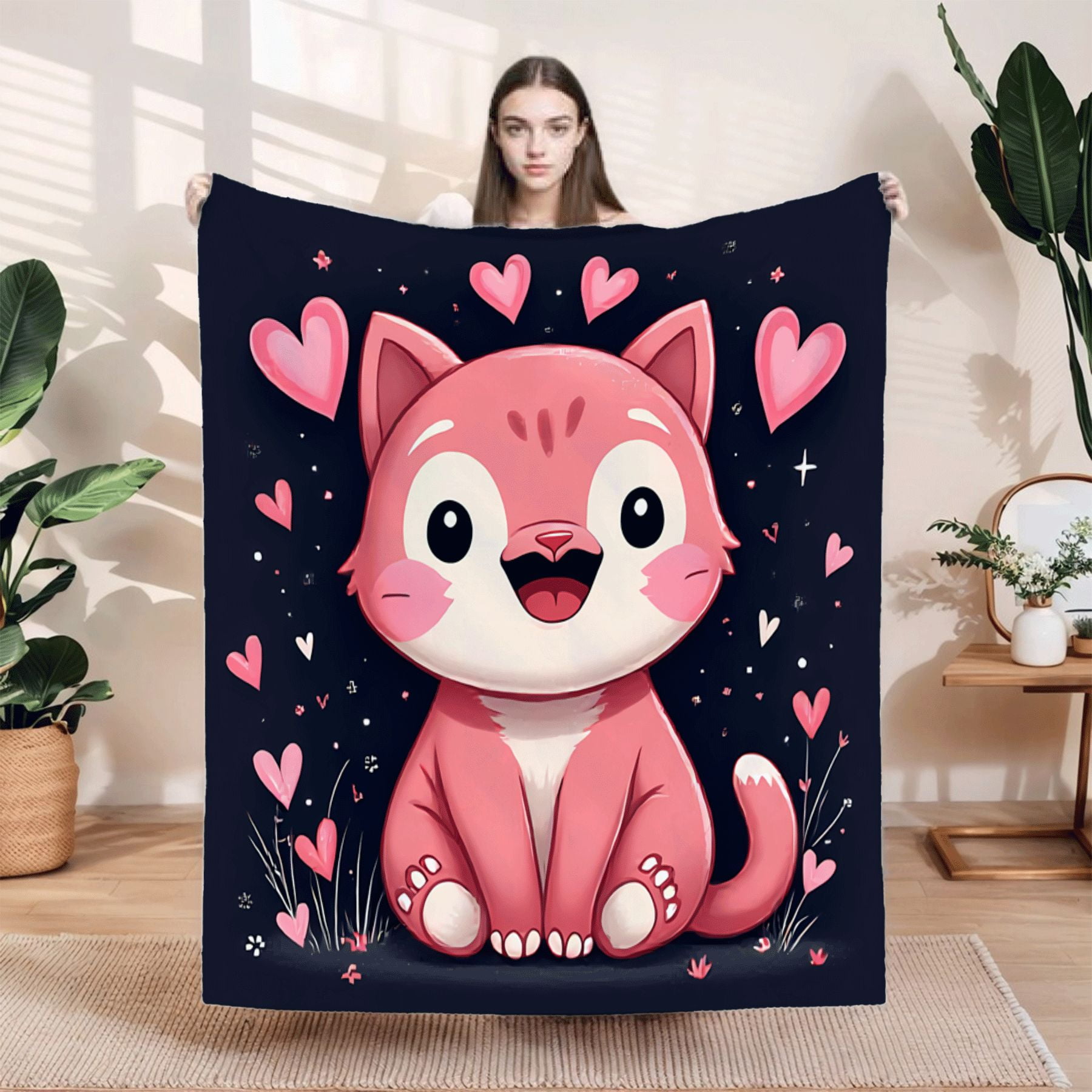Cozy Flannel Blanket with Cute Pink Design Hearts & Stars - Perfect for ...