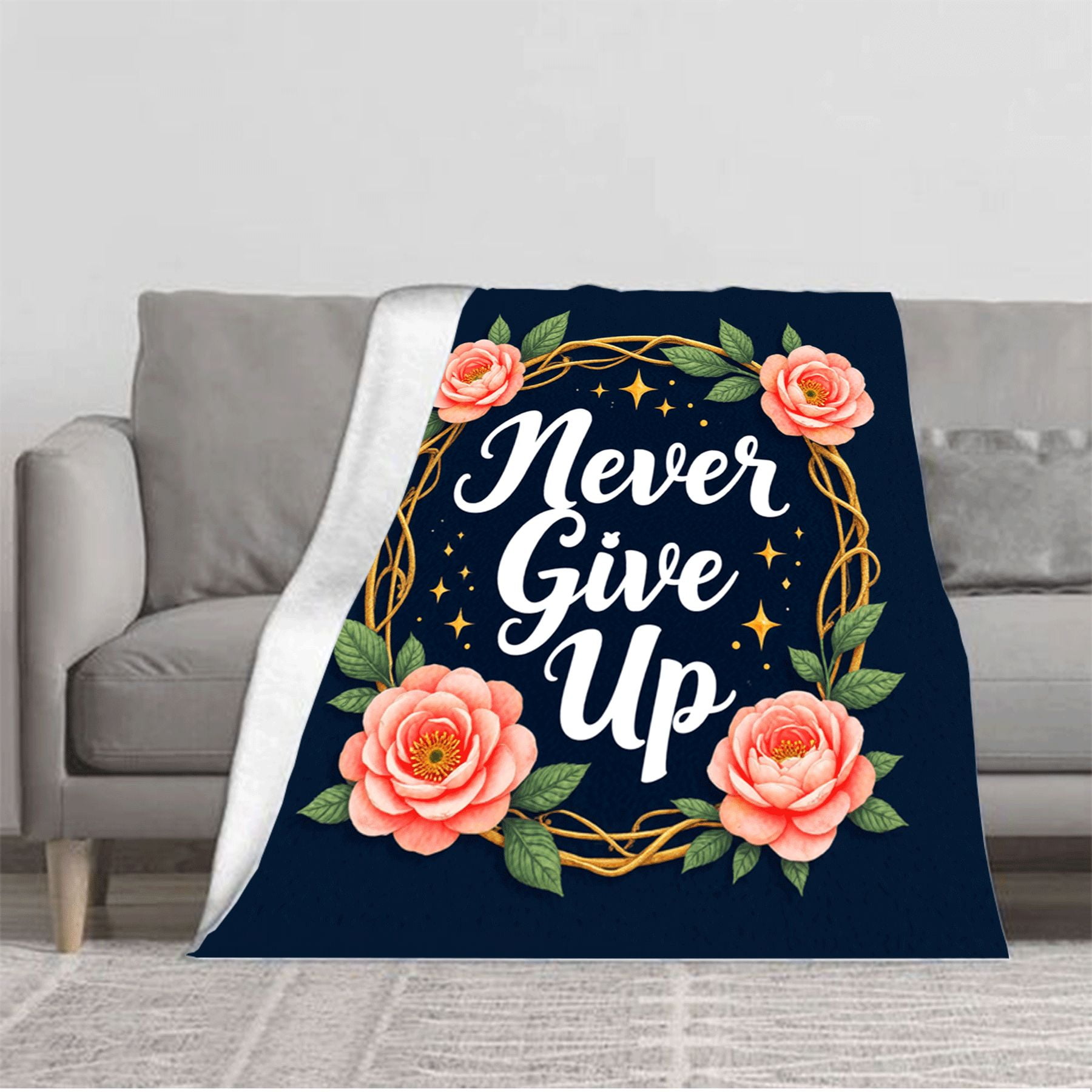 Cozy Flannel Blanket with Decorative Wreath Design ' Never Give Up ...