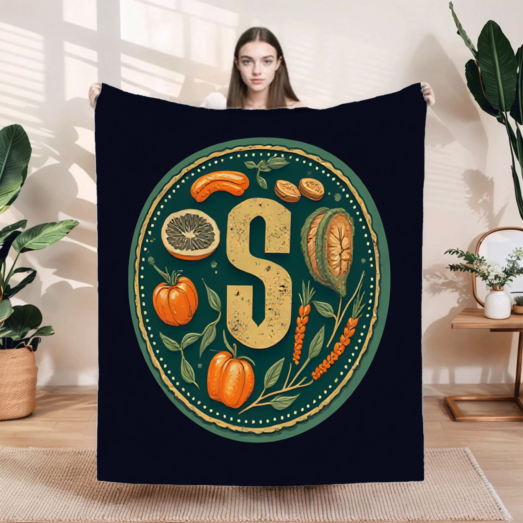 Cozy Flannel Blanket with Elegant Circular Design Golden ' S ' Center ...