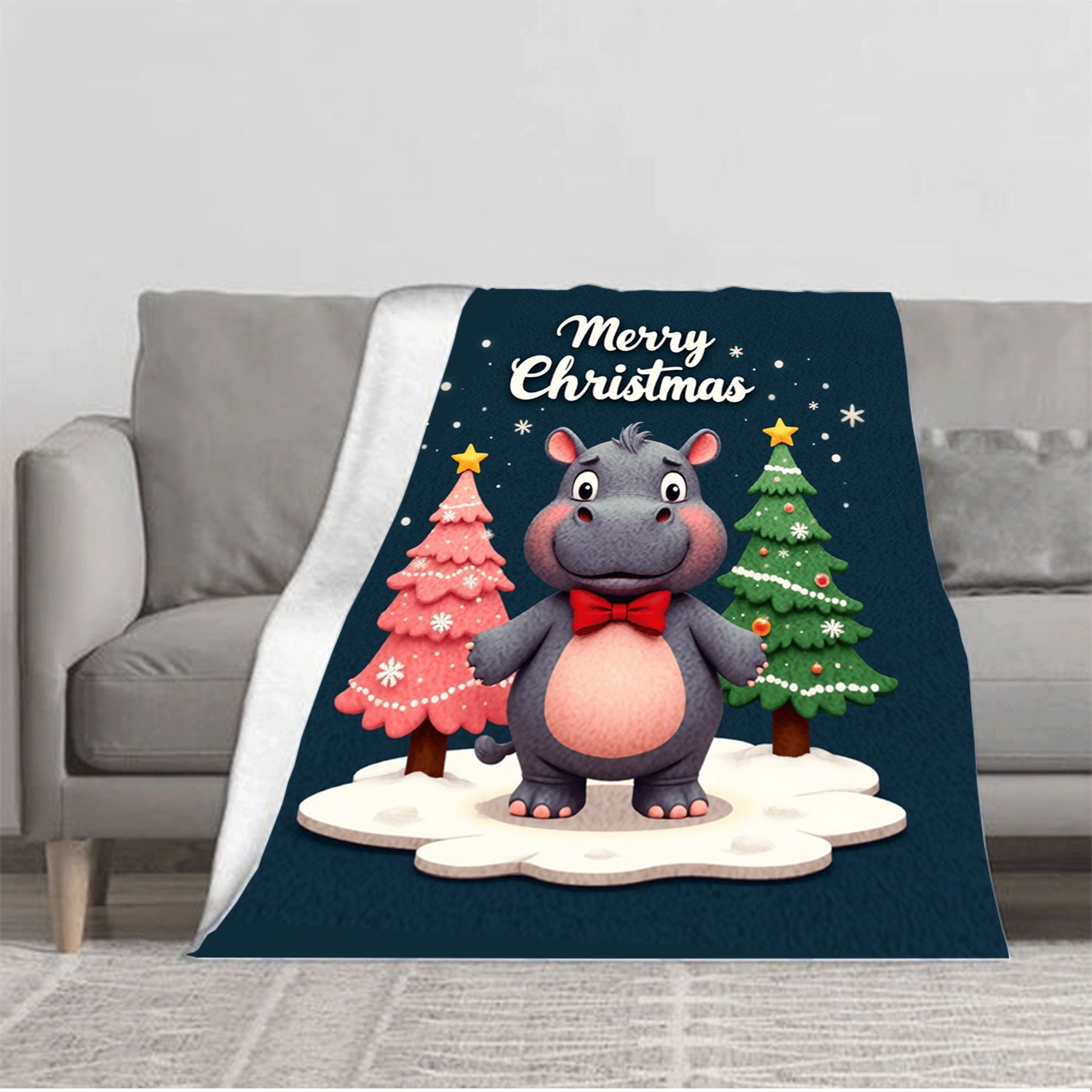 Cozy Flannel Blanket with Festive Hippo & Christmas Trees Design - Soft ...