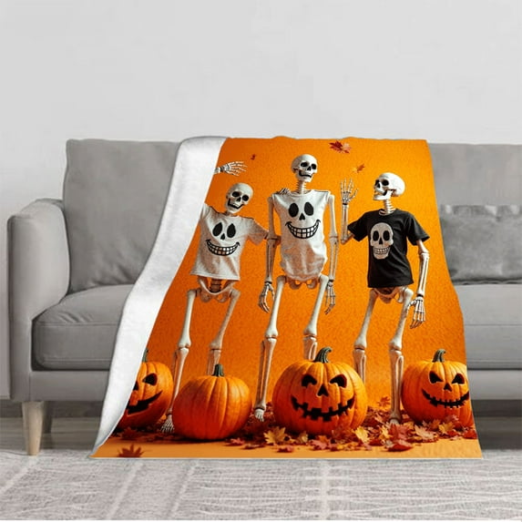 Cozy Flannel Blanket with Festive Pumpkin and Skeleton Design - Soft ...