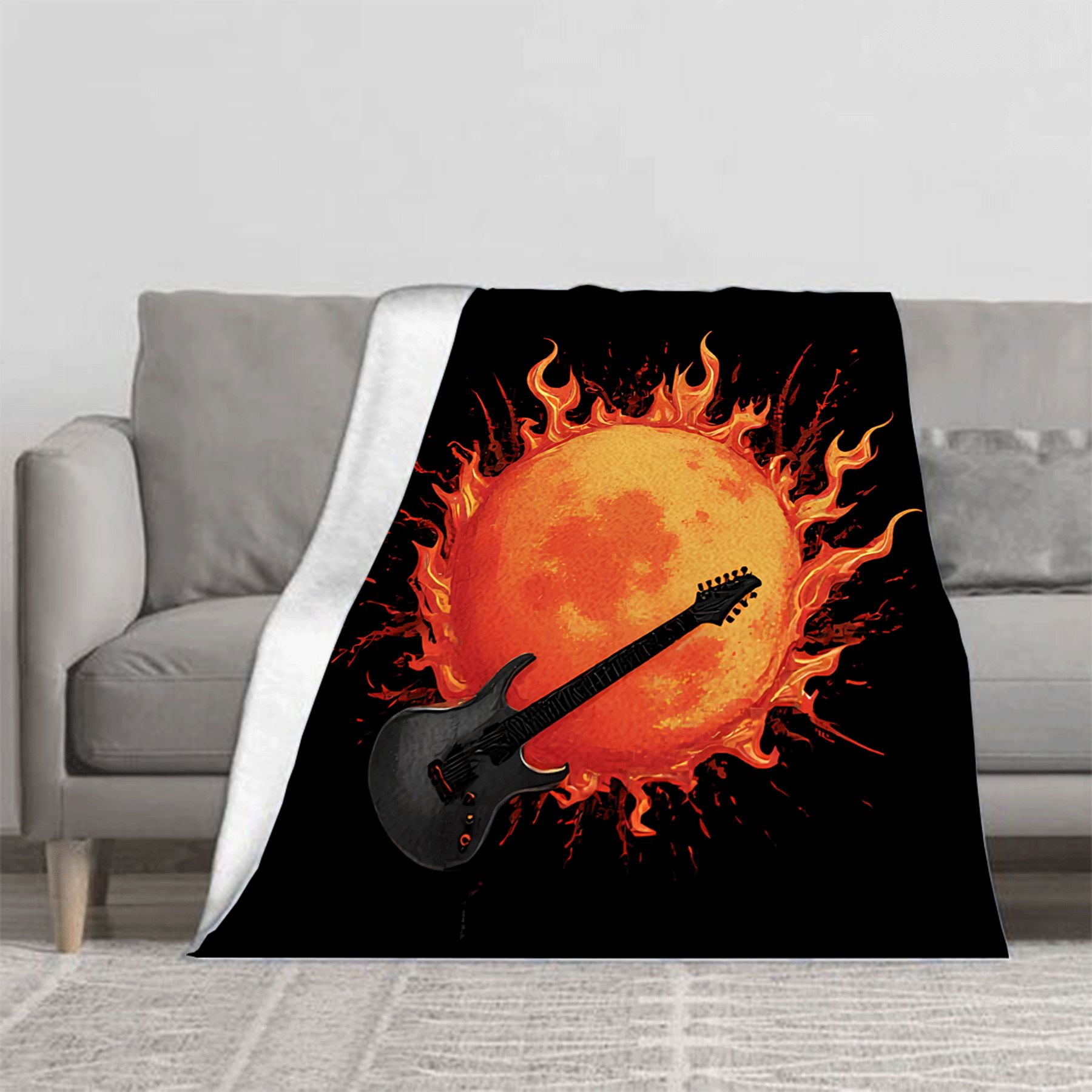 Cozy Flannel Blanket with Fiery Moon & Flames Design - Soft Warm Throw ...