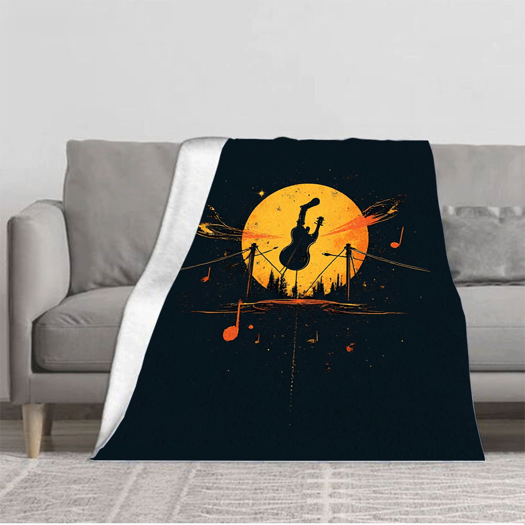 Cozy Flannel Blanket with Guitar Silhouette & Musical Notes Design ...