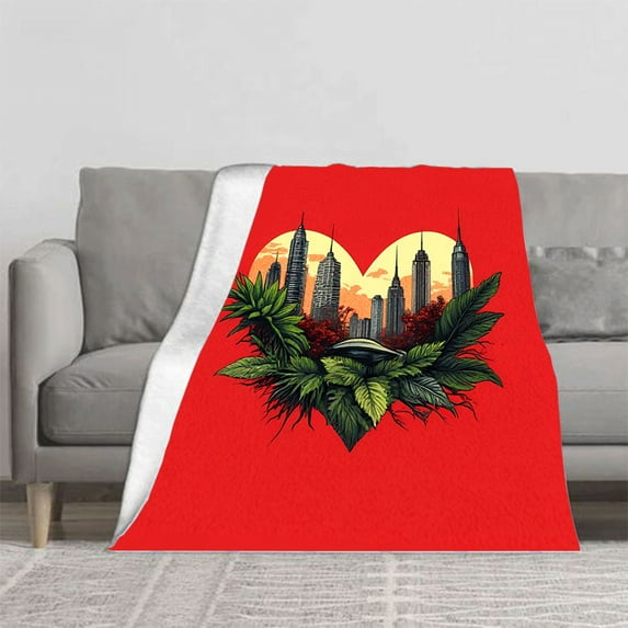 Cozy Flannel Blanket with Heart-Shaped Skyscraper Design Vibrant Red ...