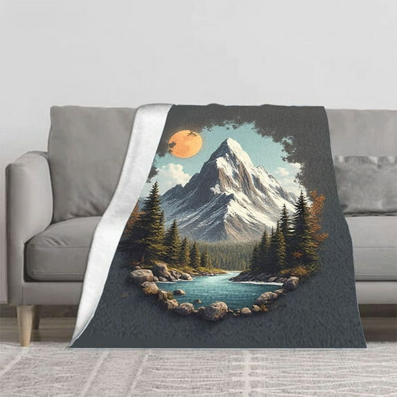 Cozy Flannel Blanket with Mountain Landscape Design - Soft Warm Perfect ...