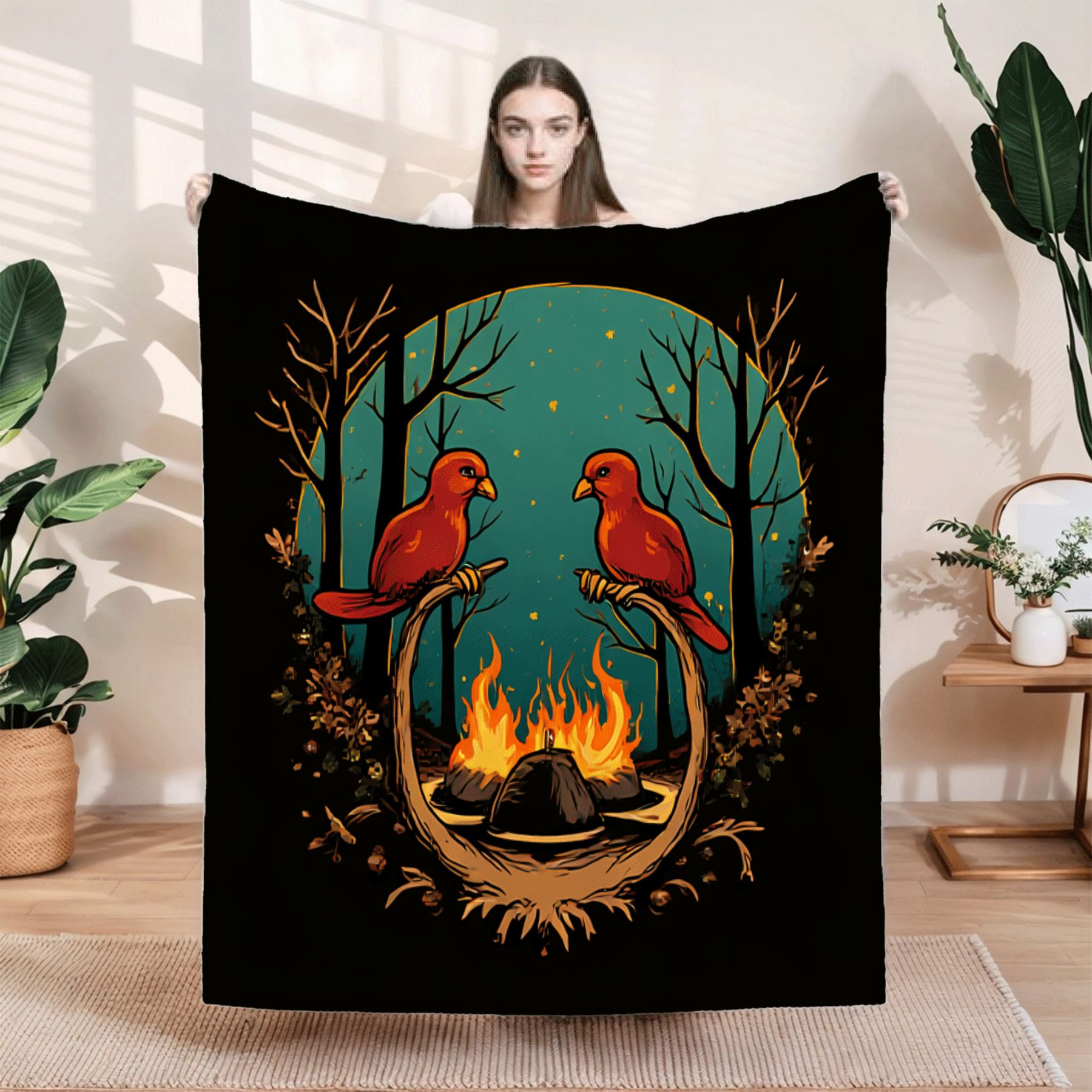 Cozy Flannel Blanket with Nature-Inspired Design: Red Birds Fire and ...