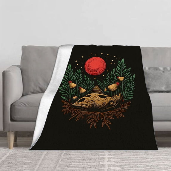 Cozy Flannel Blanket with Nighttime Scene: Red Moon Stars Green Leaves ...