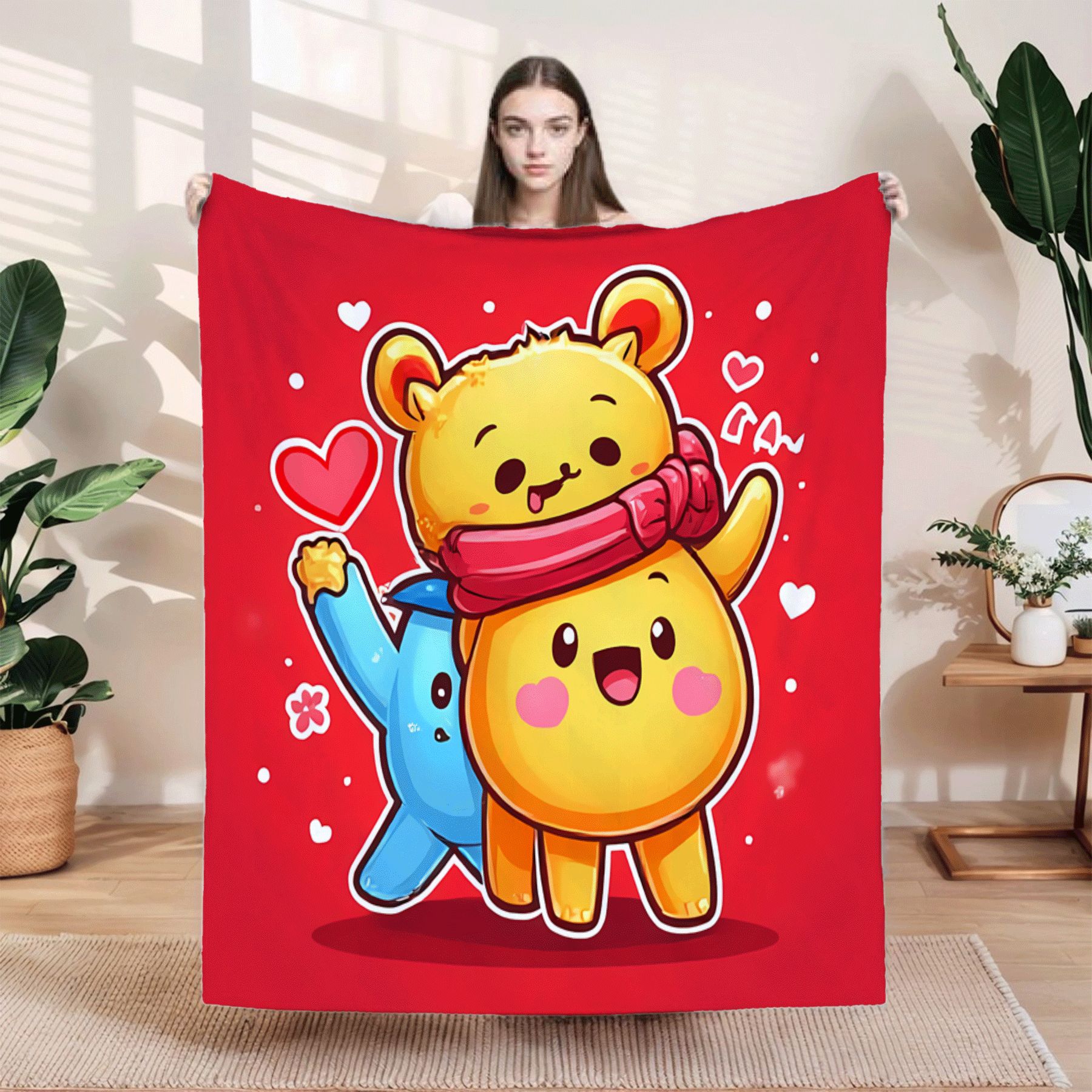 Cozy Flannel Blanket with Playful Cartoon Characters Hearts & Stars ...