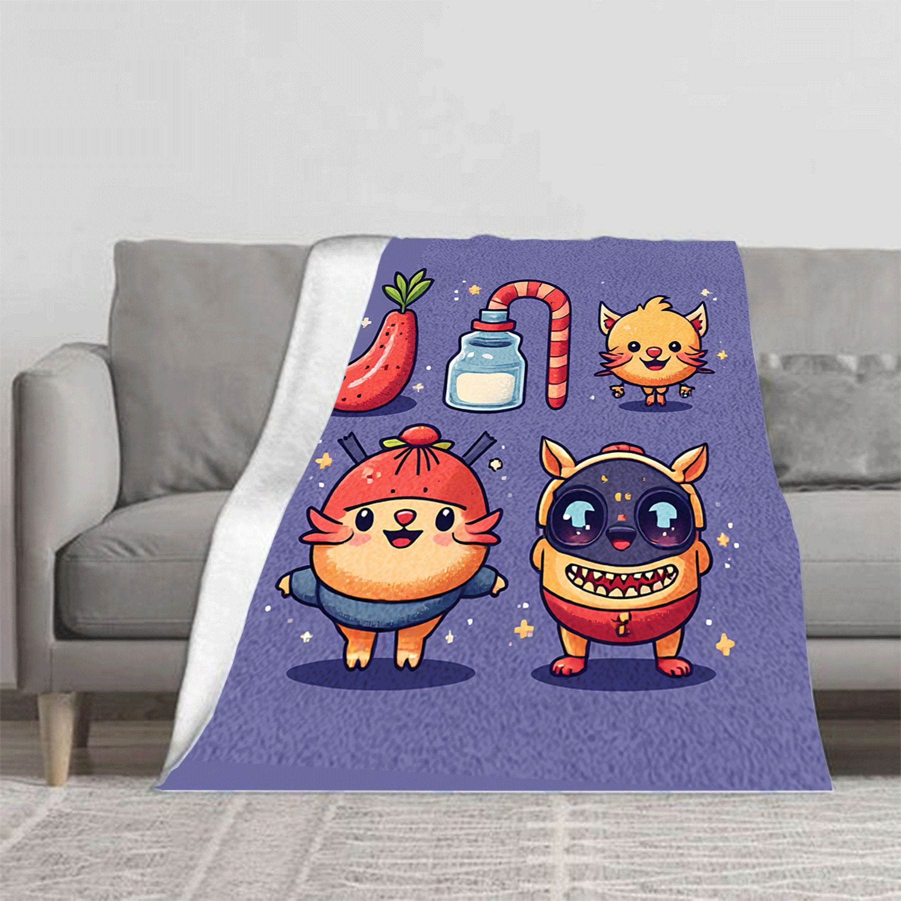 Cozy Flannel Blanket with Playful Cartoon Characters Purple Background ...