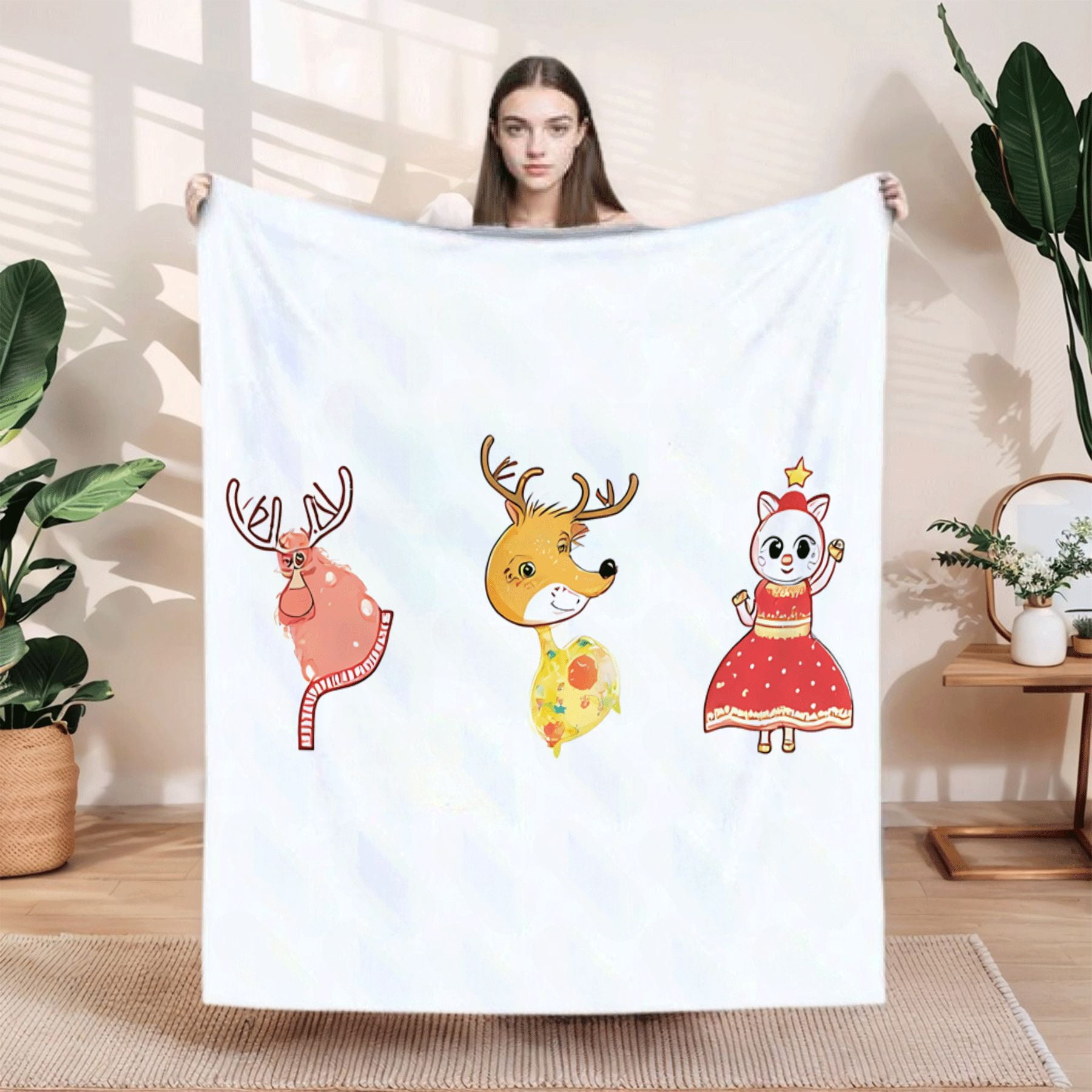 Cozy Flannel Blanket with Playful Cartoon Characters: Red Reindeer ...