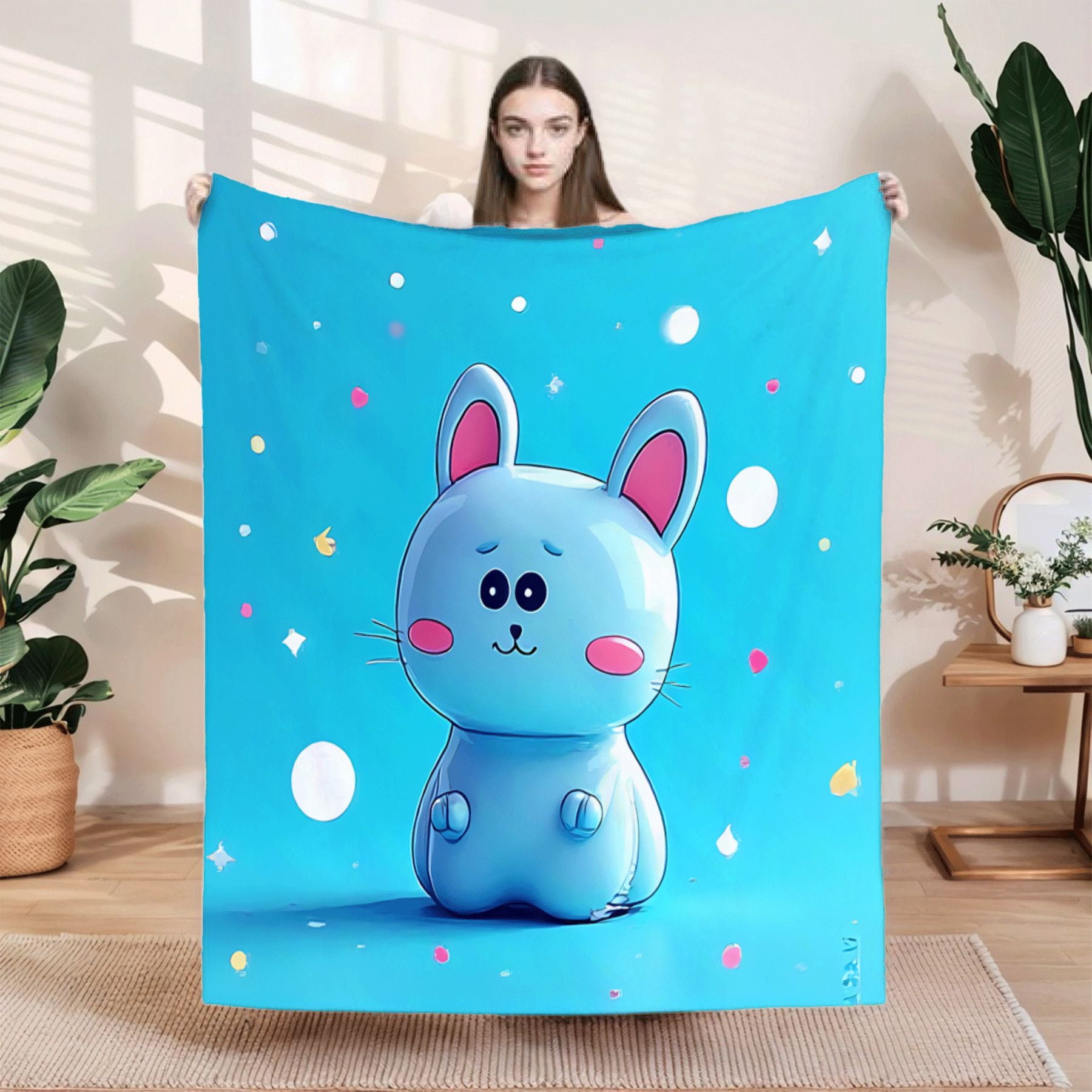 Cozy Flannel Blanket with Playful Cartoon Rabbit Design - Soft Warm ...