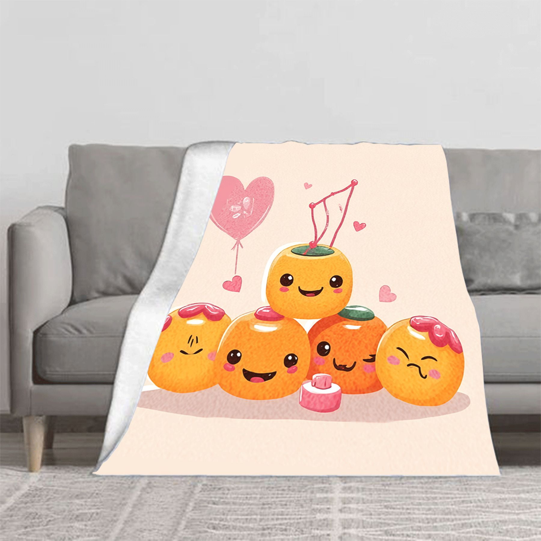 Cozy Flannel Blanket with Playful Orange Fruit Faces & Heart Balloon ...