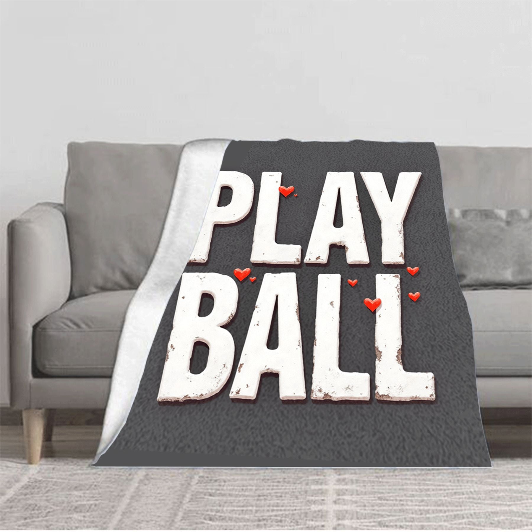 Cozy Flannel Blanket with Playful ' PLAY BALL ' Design & Red Hearts ...
