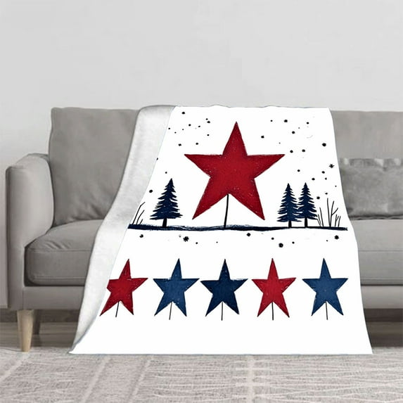 Cozy Flannel Blanket with Red Star Center and Blue Star Accents ...
