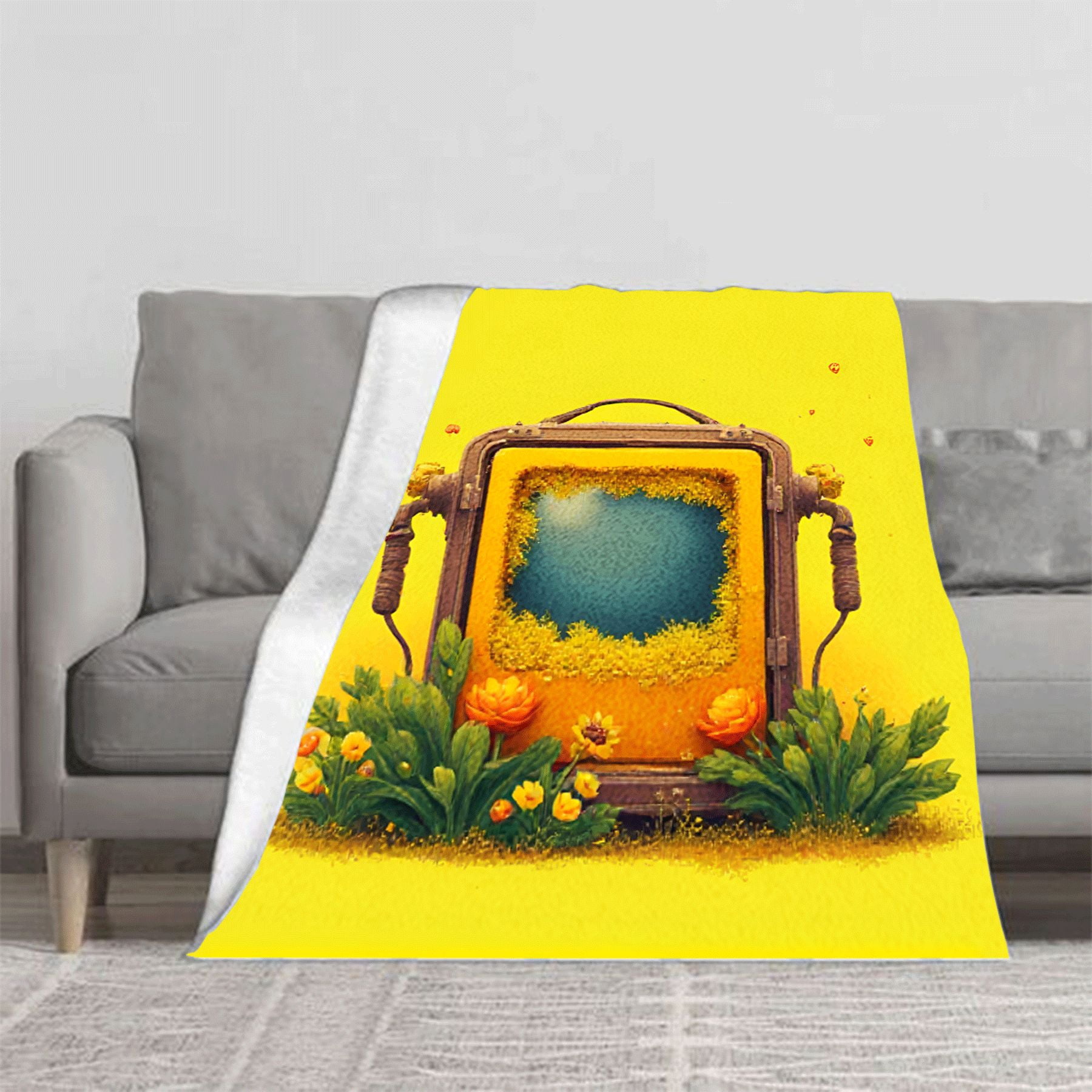 Cozy Flannel Blanket with Retro - Futuristic Design Vibrant Yellow ...