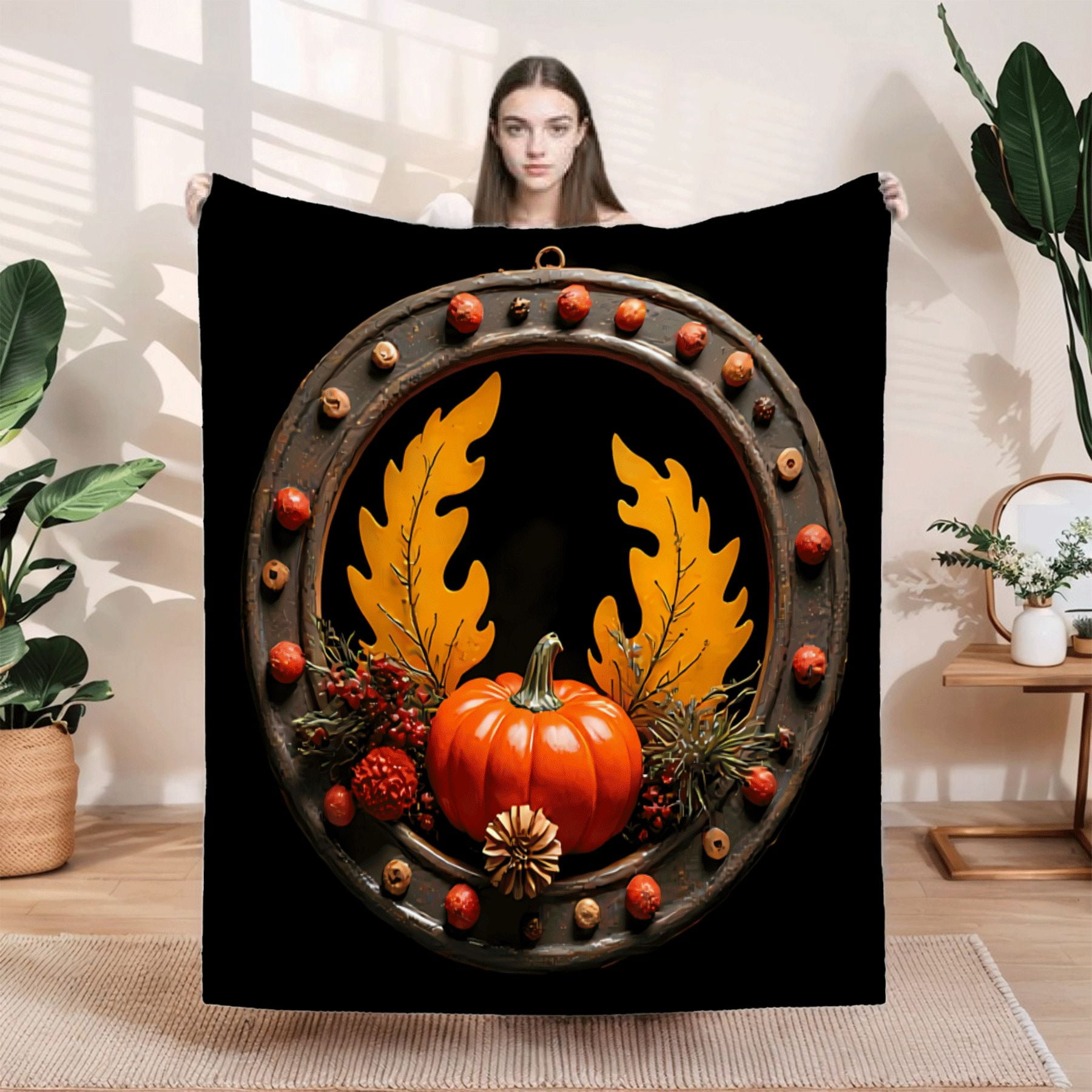 Cozy Flannel Blanket with Rustic Autumn Wreath Design - Soft Warm ...