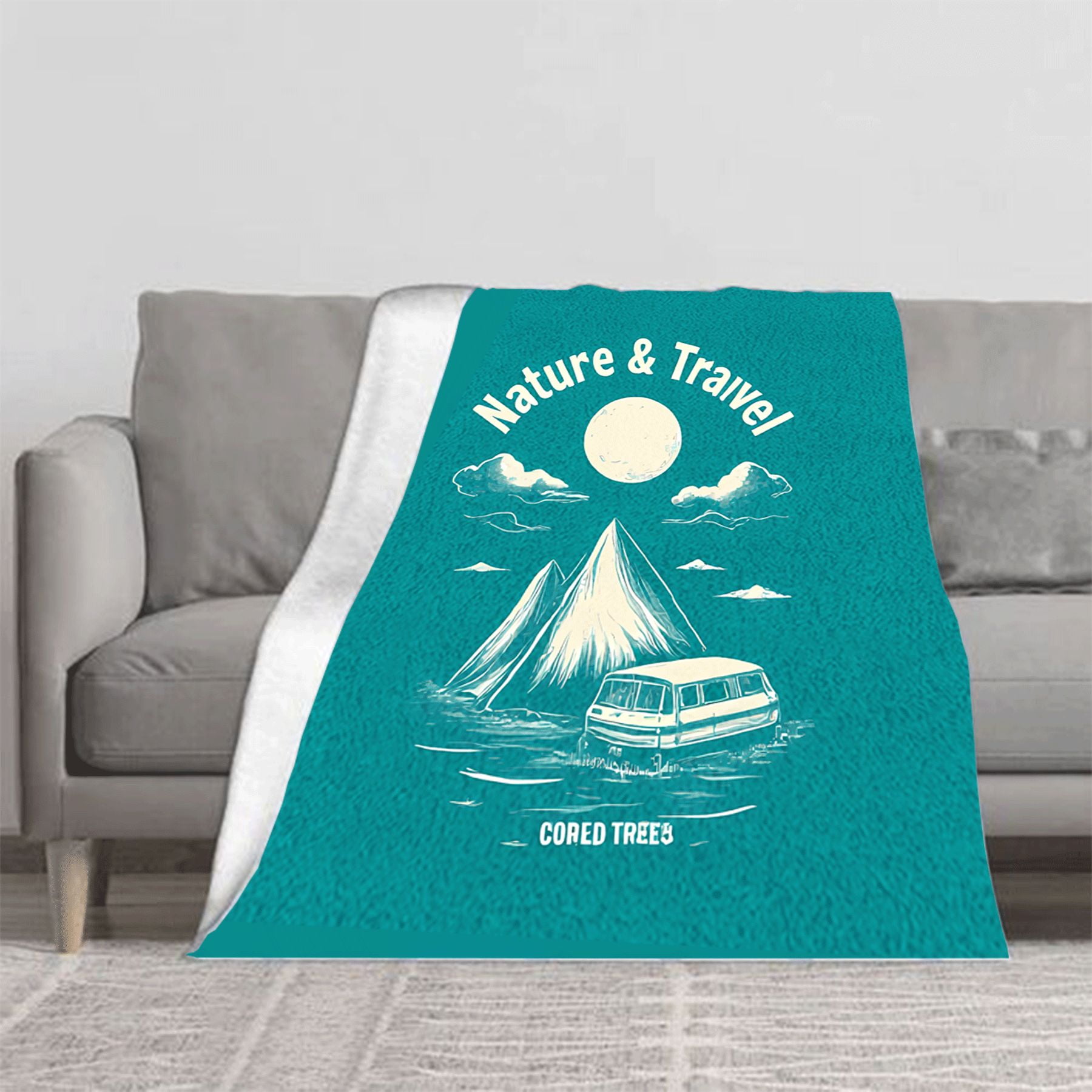 Cozy Flannel Blanket with Teal Moon & Mountain Design - Soft Warm Throw ...