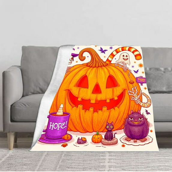 Cozy Flannel Blanket with Vibrant Halloween Pumpkin & Festive Elements ...