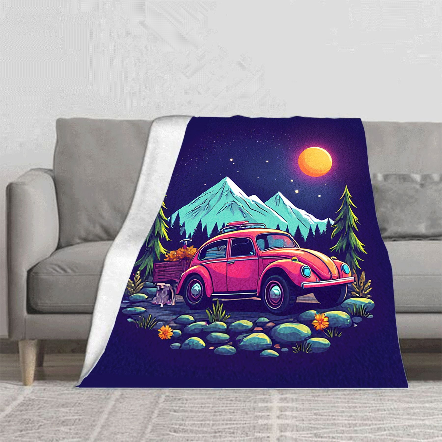 Cozy Flannel Blanket with Vibrant Nature Scene: Orange Moon Red Trees ...