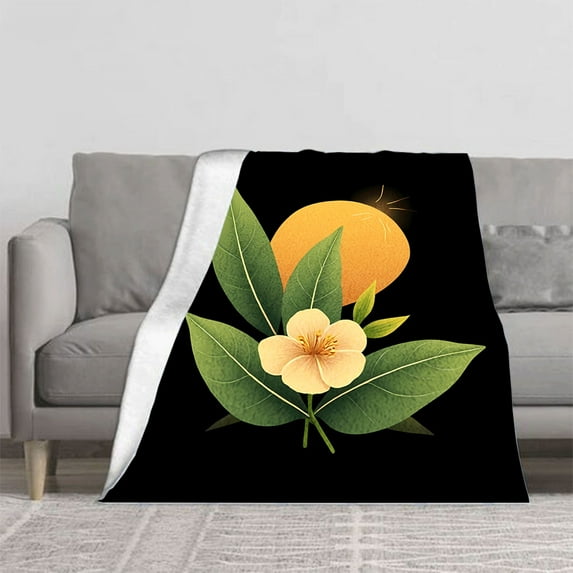 Cozy Flannel Blanket with Vibrant Orange Fruit & White Flower Design ...