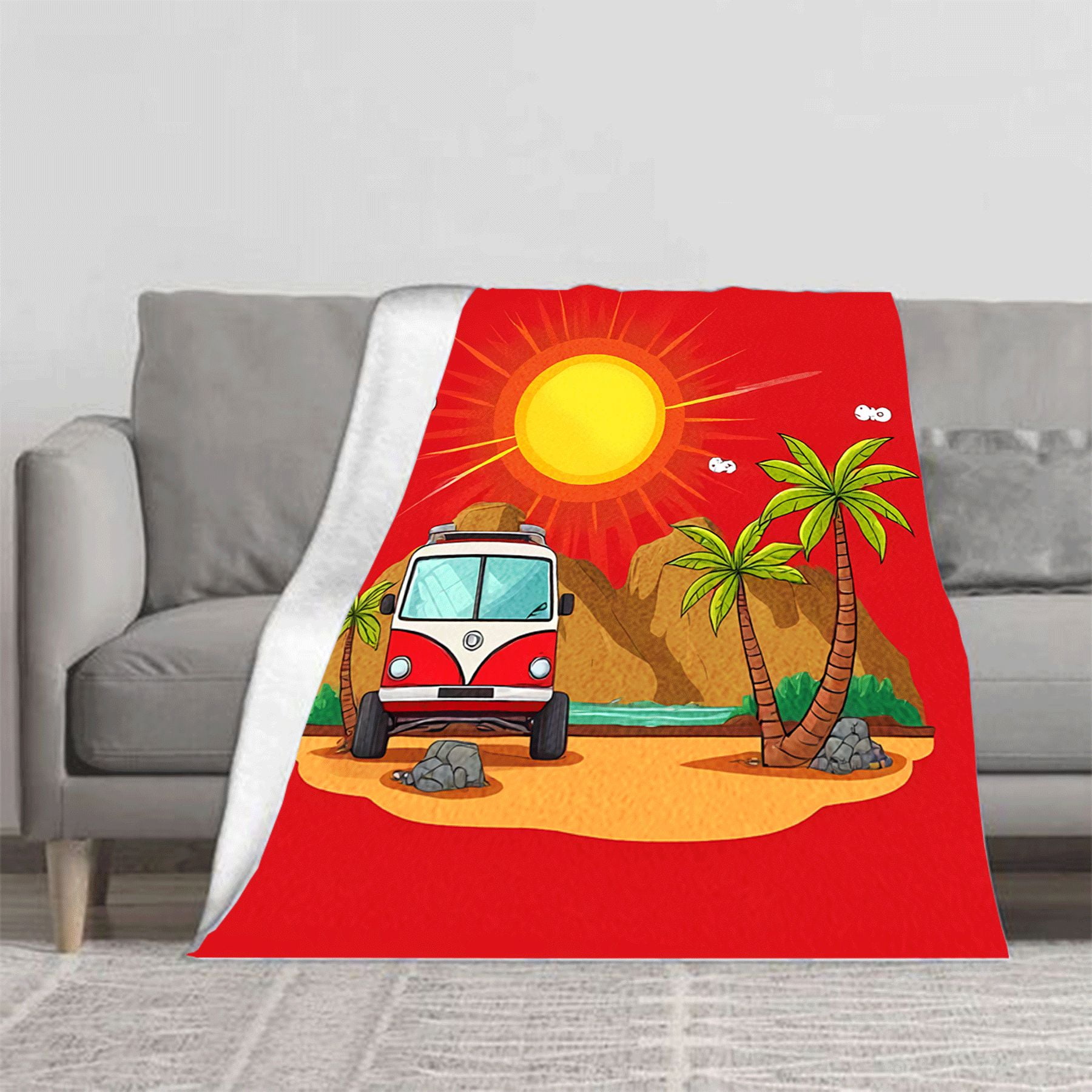Cozy Flannel Blanket with Vibrant Red Sun and Palm Tree Design ...