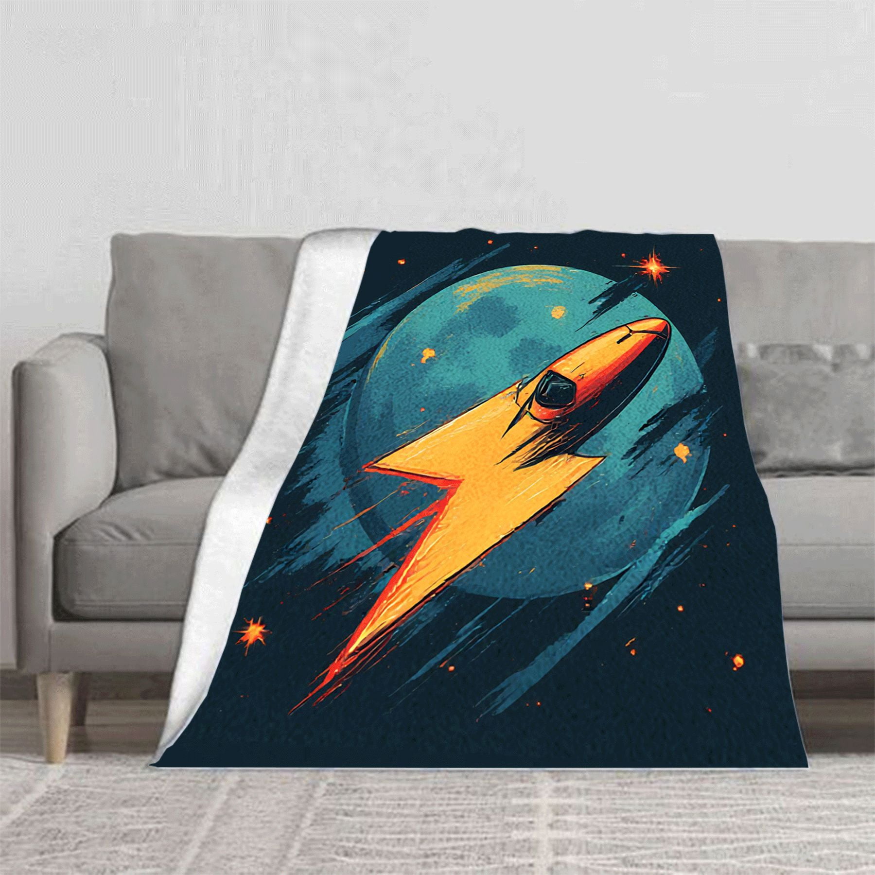 Cozy Flannel Blanket with Vibrant Rocket Ship Design Perfect for Sofa ...