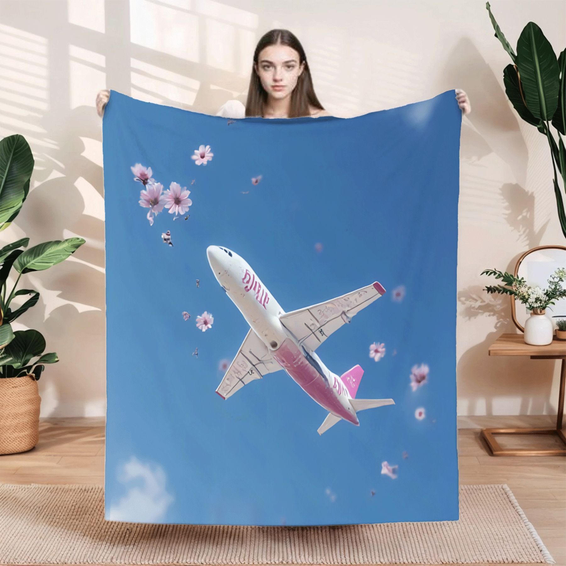 Cozy Flannel Blanket with Whimsical Airplane and Cherry Blossom Design ...