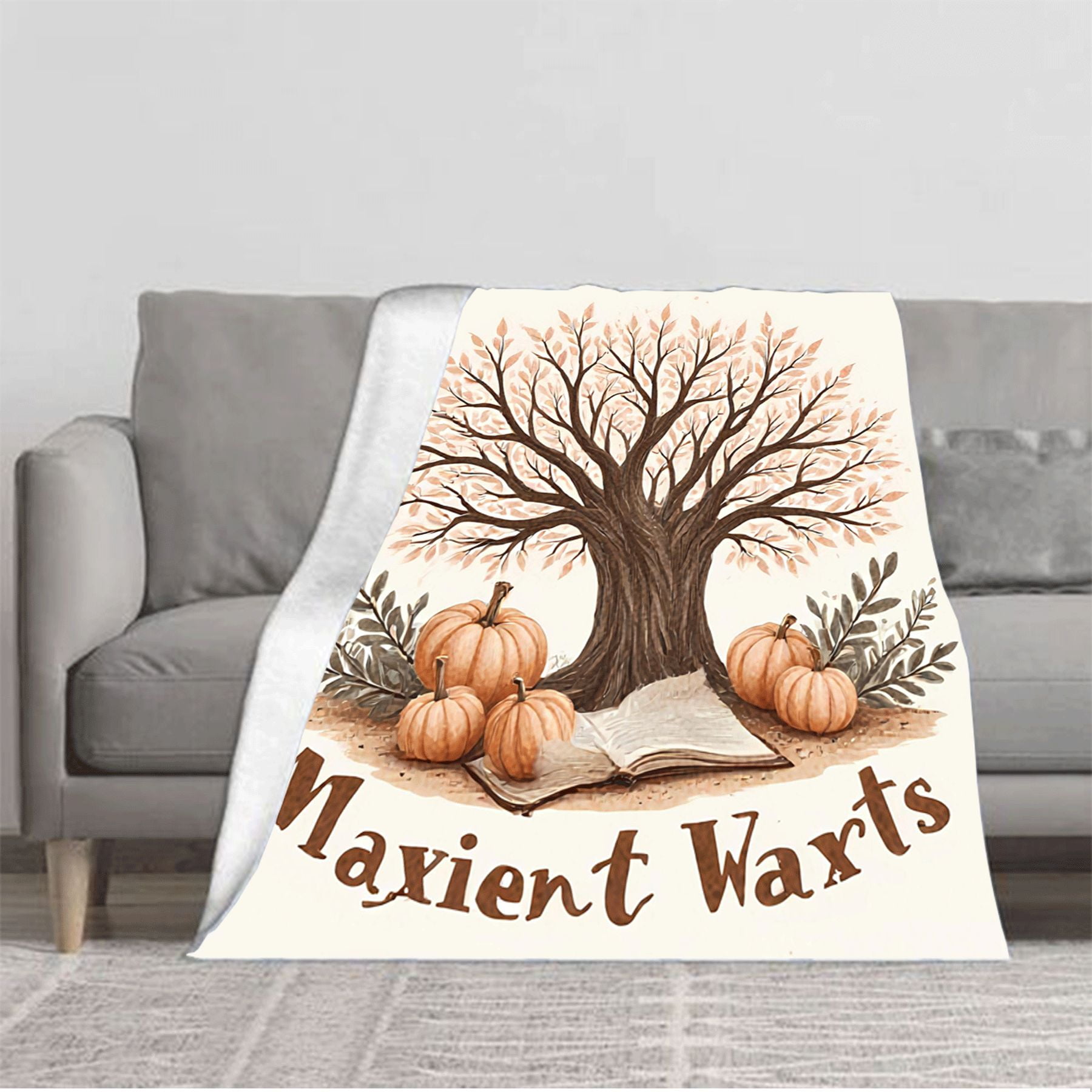Cozy Flannel Blanket with Whimsical Autumn Tree and Pumpkin Design ...