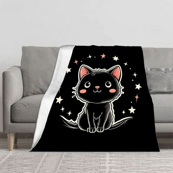 Cozy Flannel Blanket with Whimsical Black Cat Design - Soft Warm ...