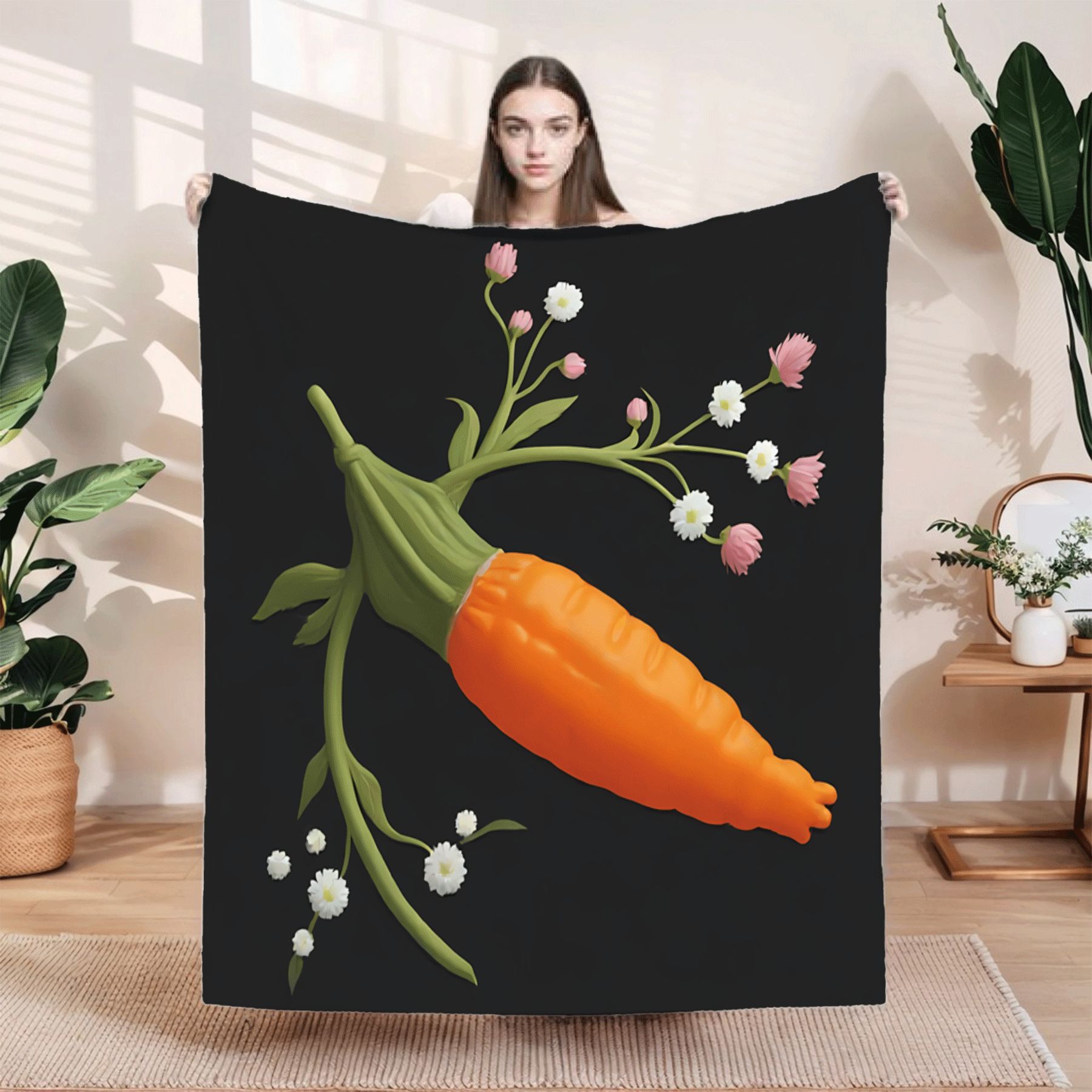 Cozy Flannel Blanket with Whimsical Carrot and Flower Design - Soft ...