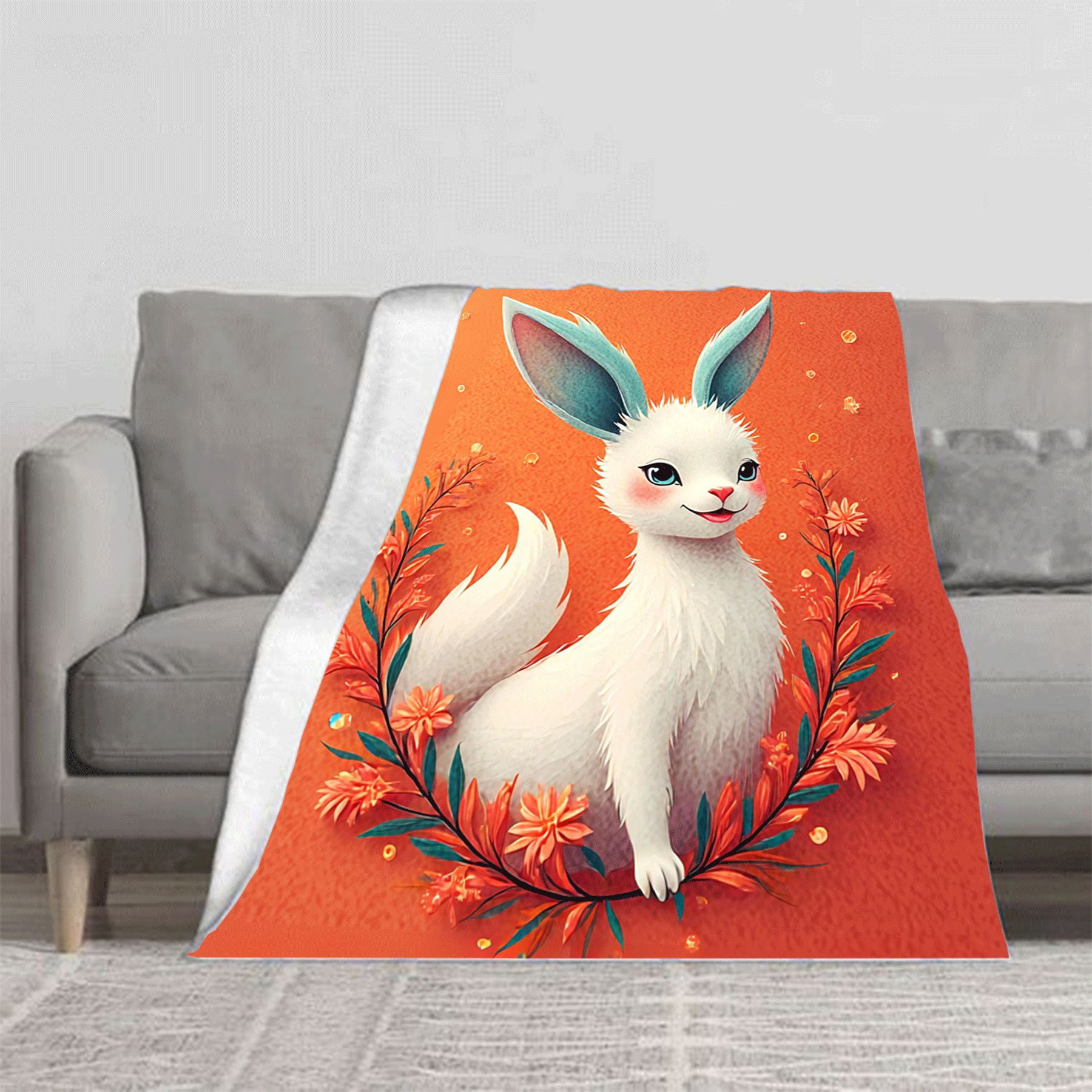 Cozy Flannel Blanket with Whimsical White Rabbit & Colorful Flower ...