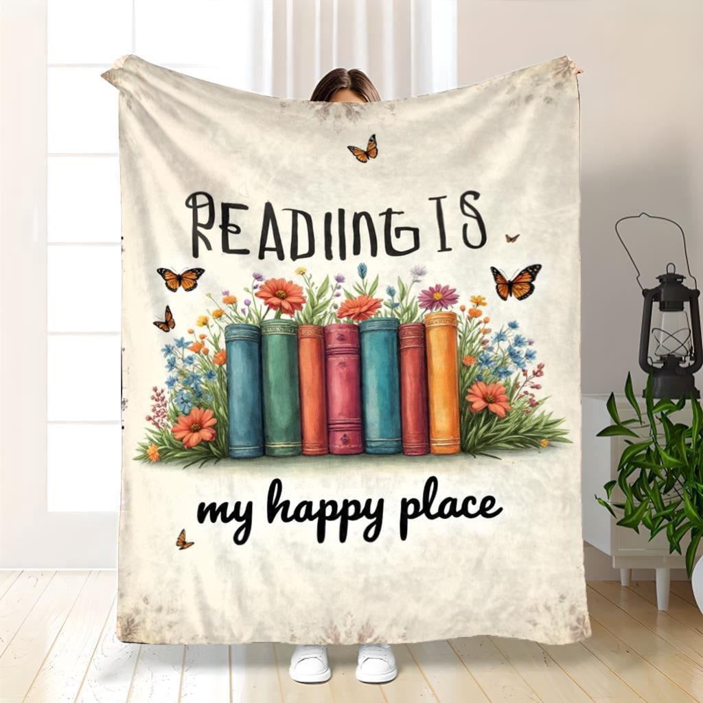 Cozy Flannel Book Lovers Blanket - Reading is my Happy Place Bookshelf ...