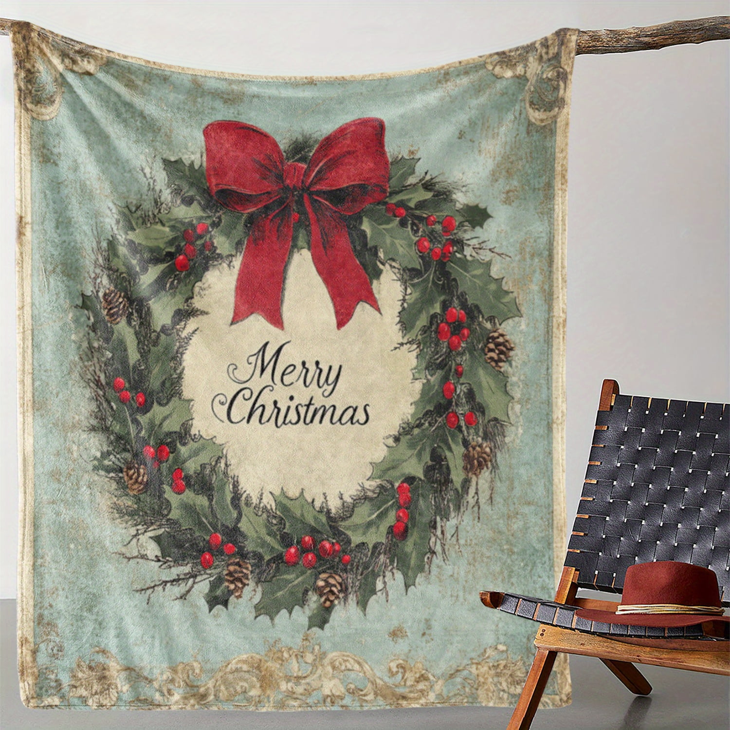 Cozy Flannel Christmas Blanket with Festive Wreath & Red Berry Bow ...