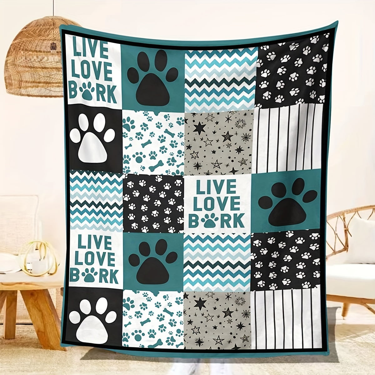 Cozy Flannel Fleece Throw Blanket with Dog Paw & Bone Print, Blue White ...