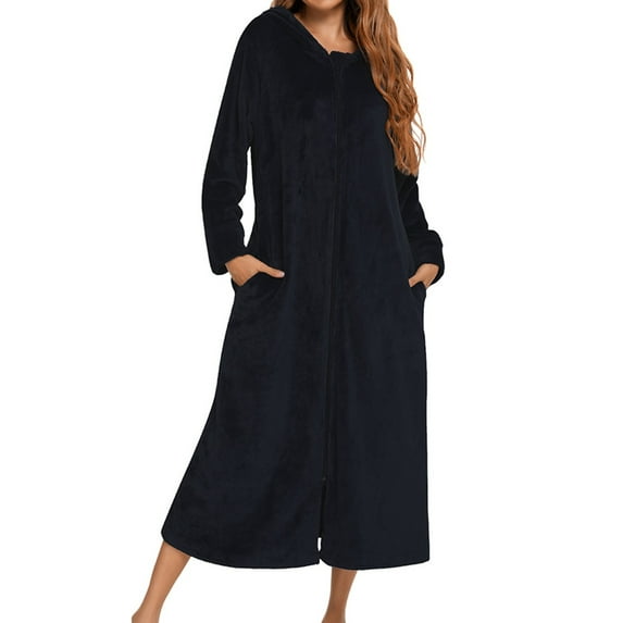Cozy Flannel Hooded Zipper Robe Long Sleeve Sleepwear For Women Winter ...
