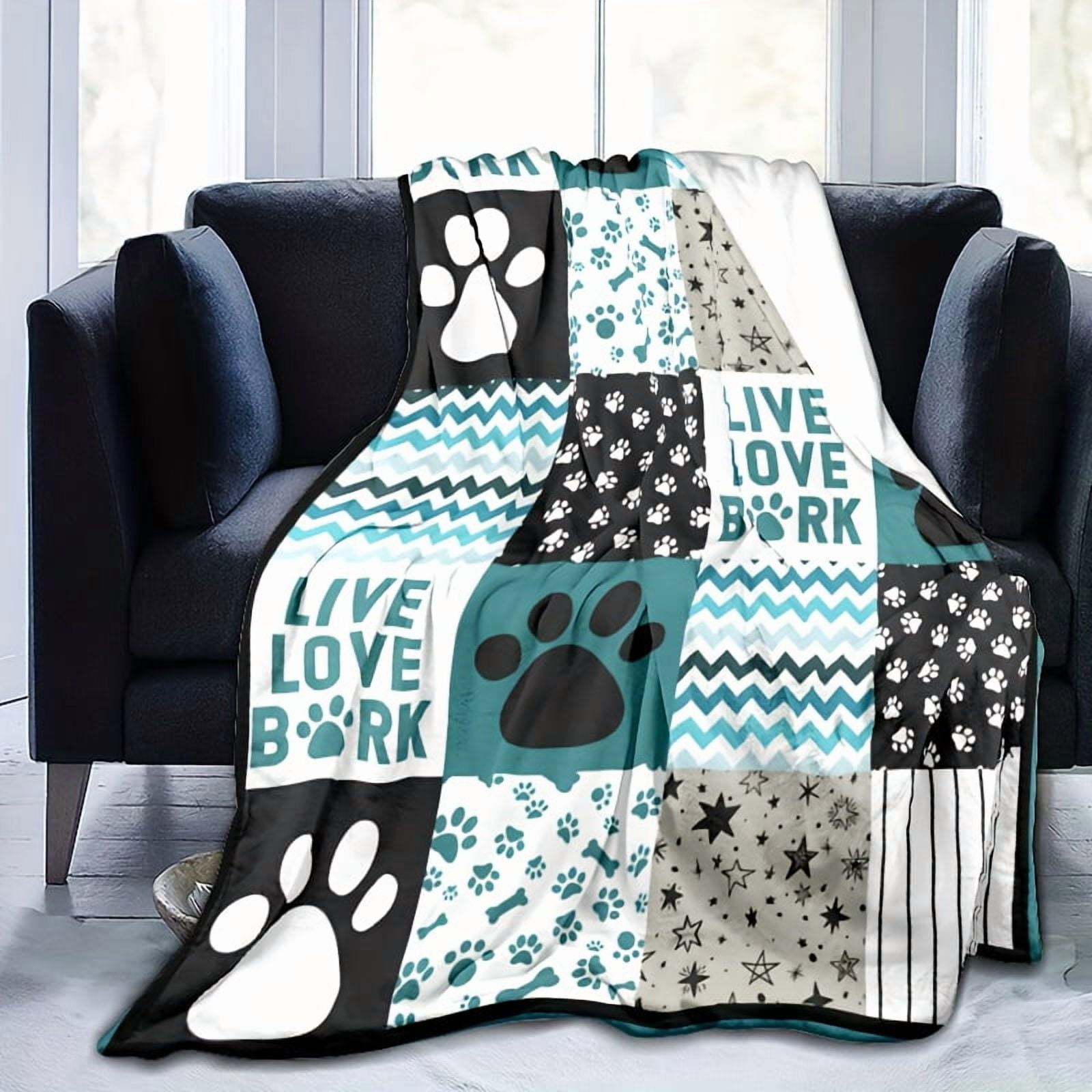 Cozy Flannel Throw Blanket with Dog Paw & Bone Print, "Live Love Bark ...