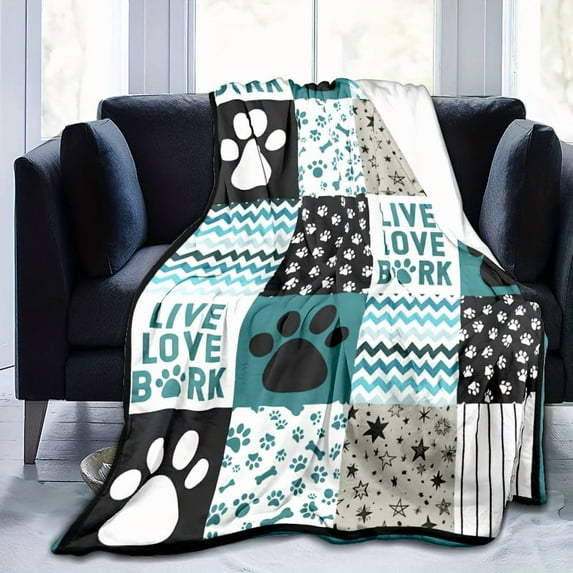 Cozy Flannel Throw Blanket with Dog Paw & Bone Print, "Live Love Bark ...