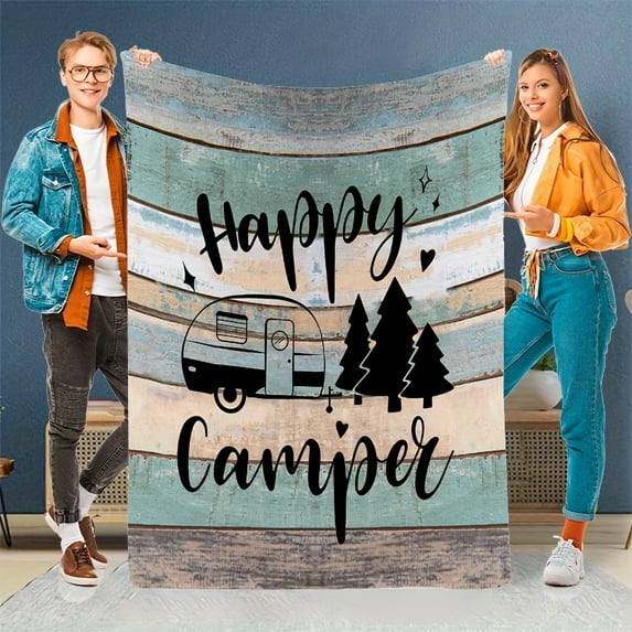 Cozy Flannel Throw Blanket Featuring a Happy Camper Design, Machine ...