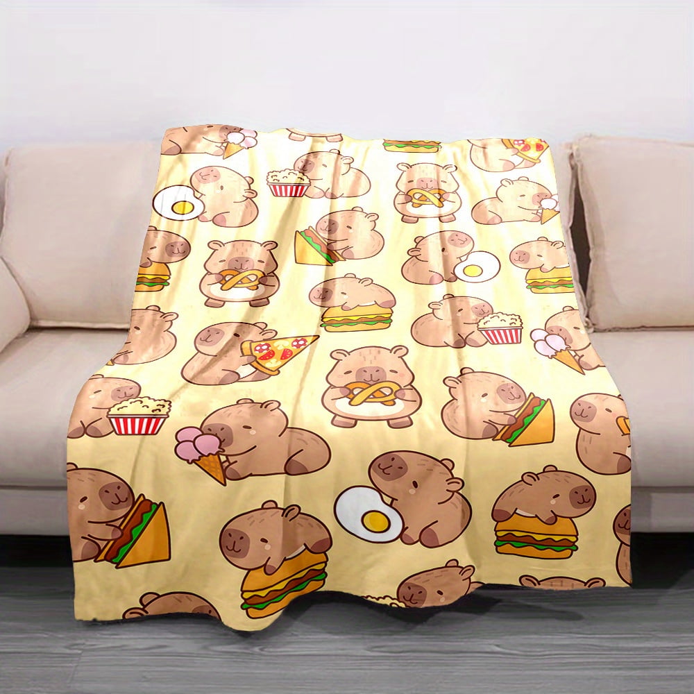 Cozy Flannel Throw Blanket with Foodie Capybara Design - Soft ...