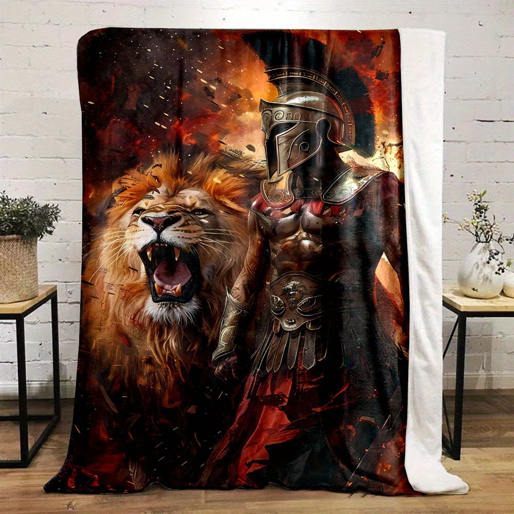 Cozy Flannel Throw Blanket with Majestic Lion & Spartan Warrior Design ...