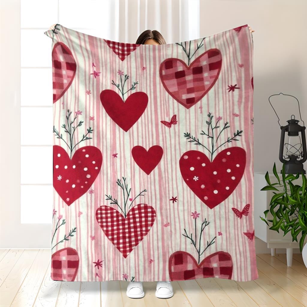 Cozy Flannel Throw Blanket with Vintage Heart Print, Soft Warm Pink ...