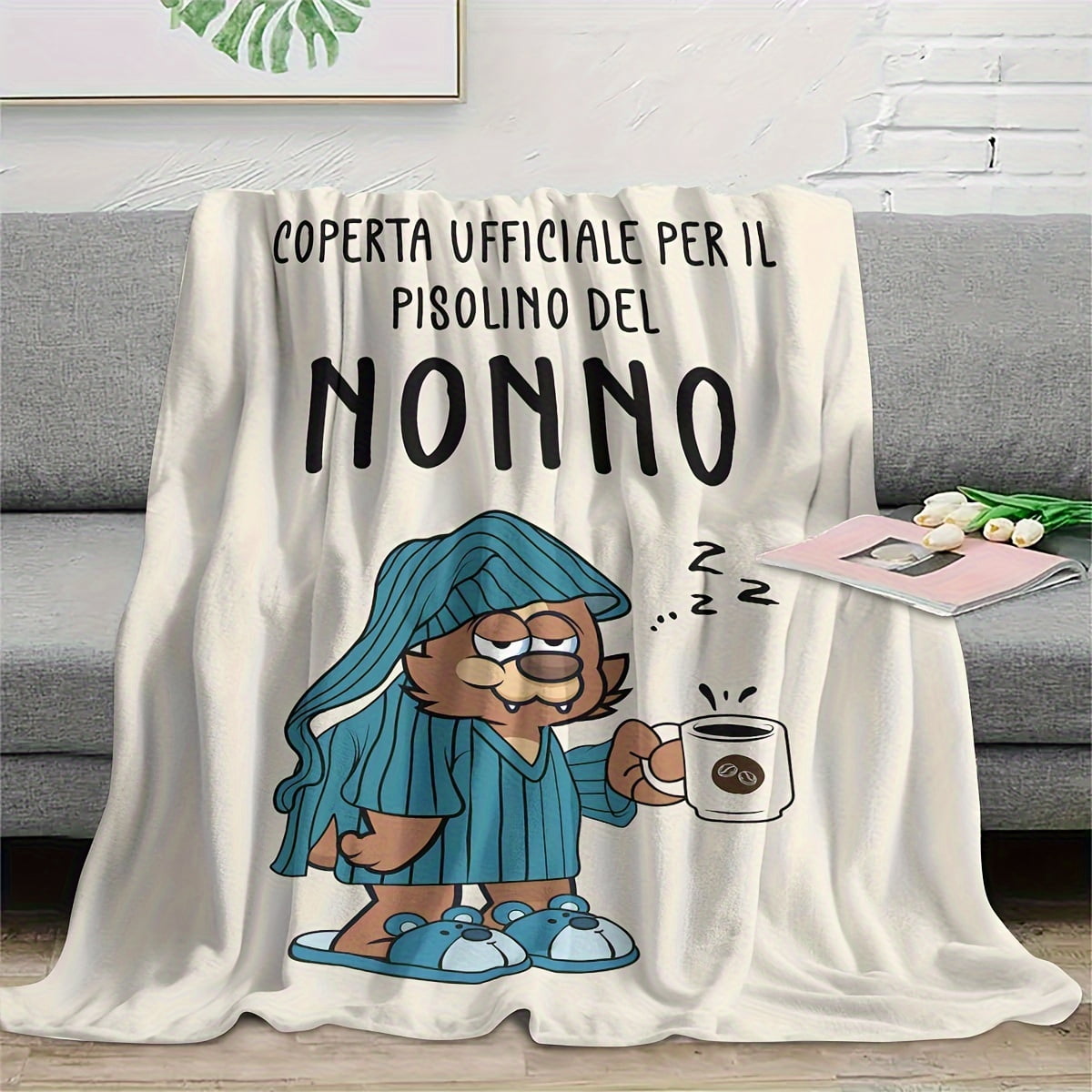 Cozy Flannel Throw Blanket with Sleep & Coffee Design - Geometric ...