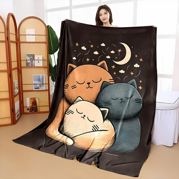 Cozy Fleece Blanket Soft Cozy Good Night Cat Cartoon Fleece Blanket ...