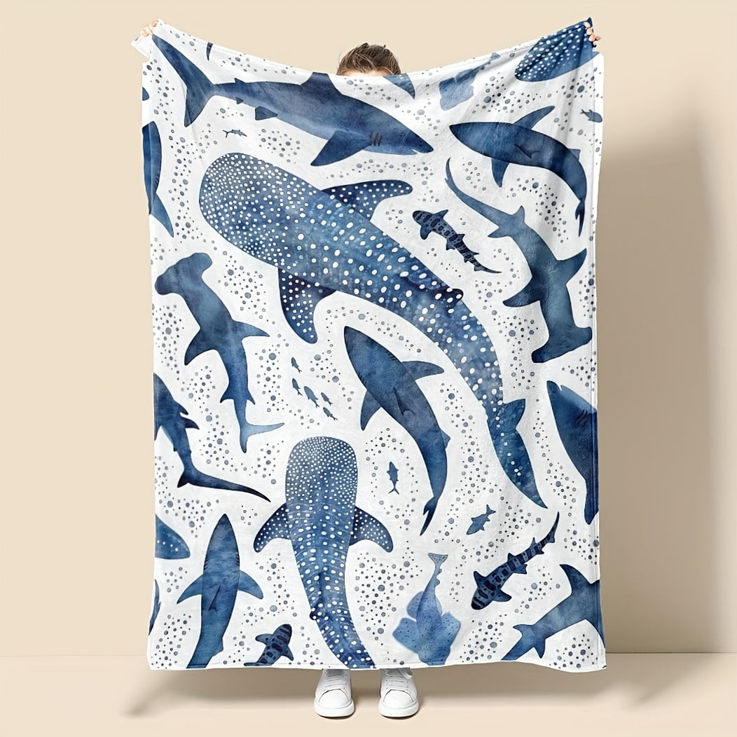 [Cozy Fleece Blanket] Soft Fleece Blanket | Marine Blue Whale Shark ...