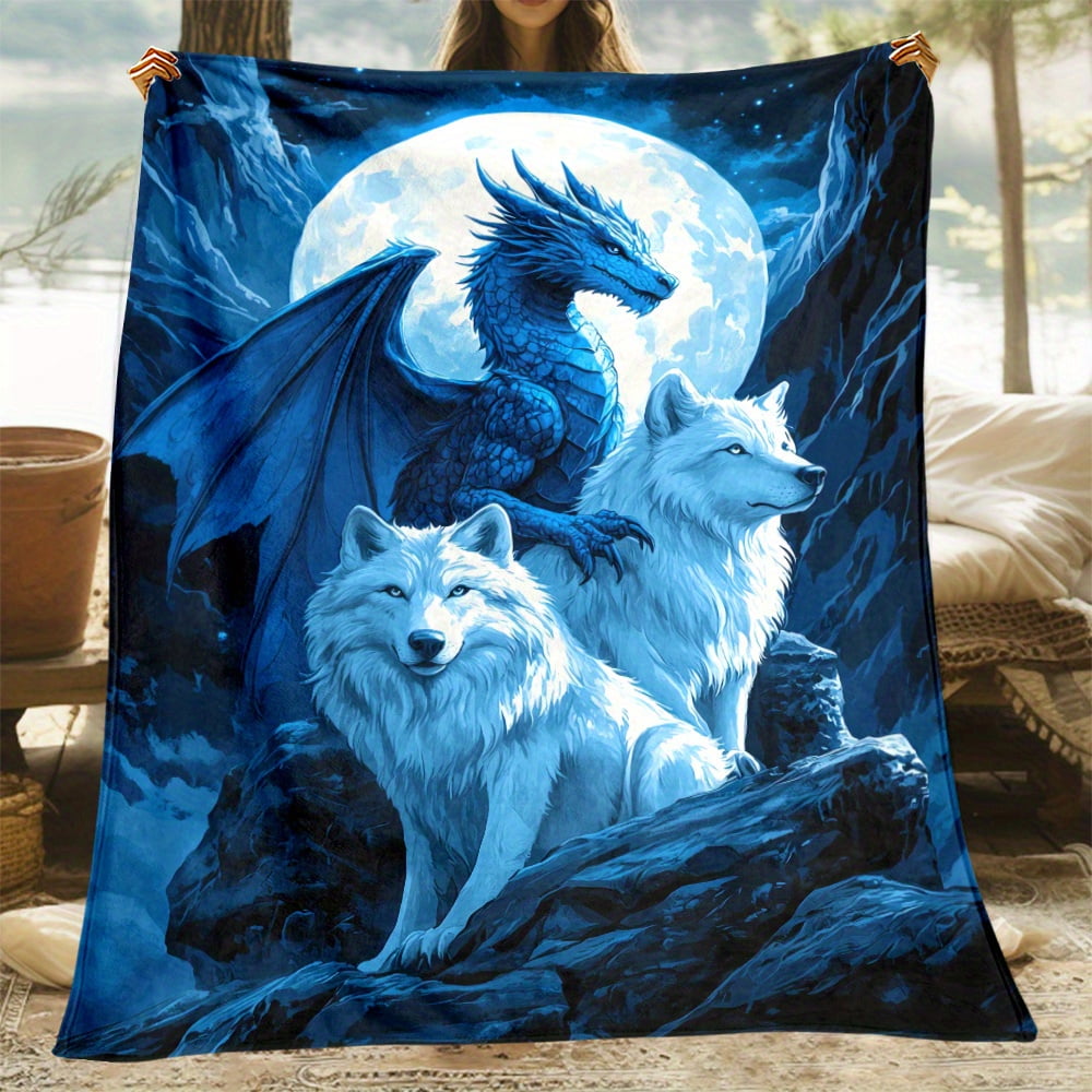 Cozy Fleece Throw Soft Digital Print Dragon And Wolf Fleece Throw ...