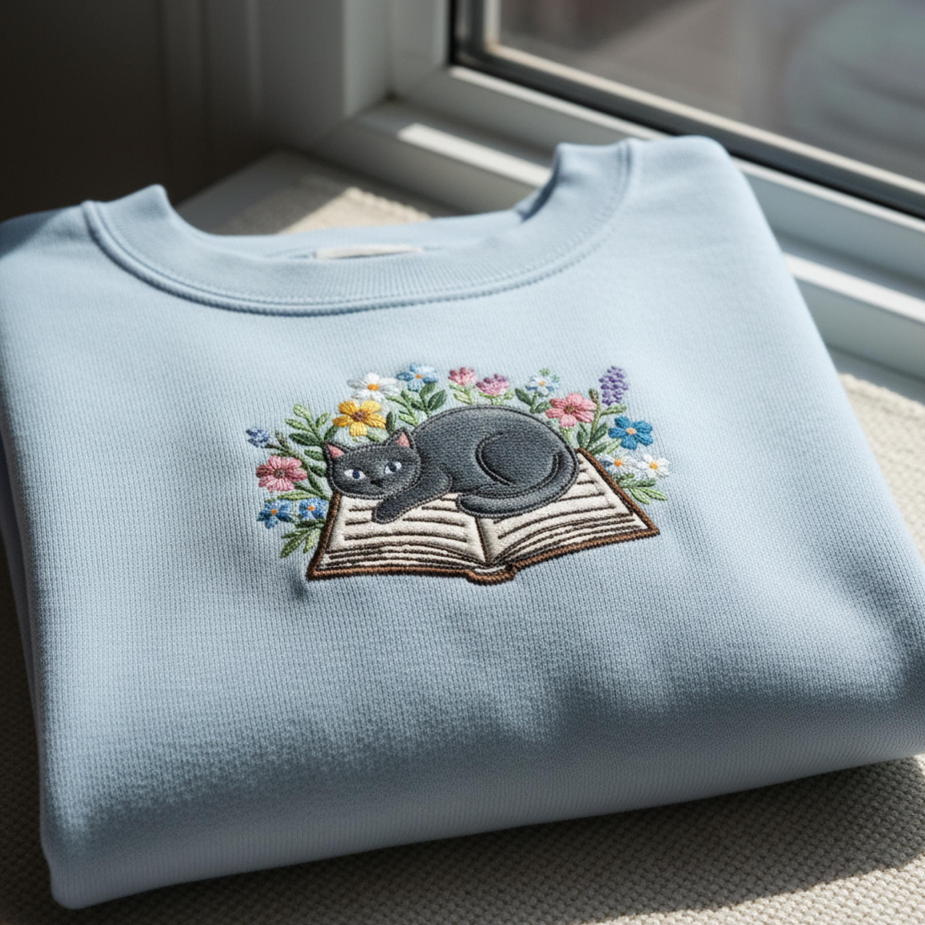 Cozy Floral Book Cat Embroidery Sweatshirt – Reading Lover Gift, Cute ...