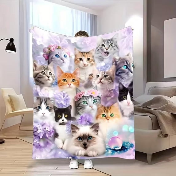Cozy Floral Cat Pattern Throw Blanket - Soft Warm Flannel with Purple ...