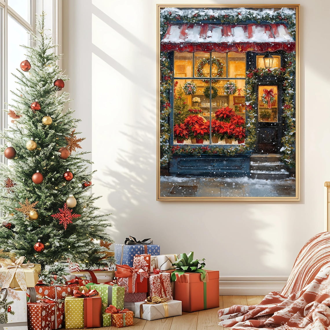 Cozy Flower Shop Wall Art,Floral Storefront, Festive Poinsettia Art ...