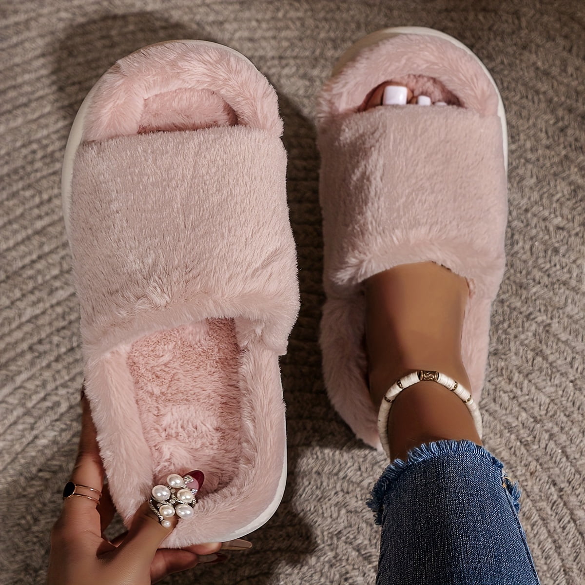 Cozy Fluffy Furry House Slippers, Single Band Open Toe Platform Fuzzy ...