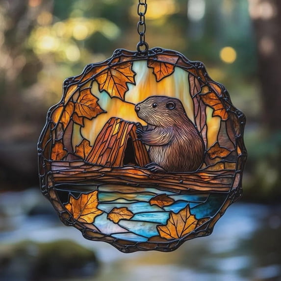 Cozy Forest Beaver ACRYLIC Faux Stained Glass Window Hanging - Rustic ...